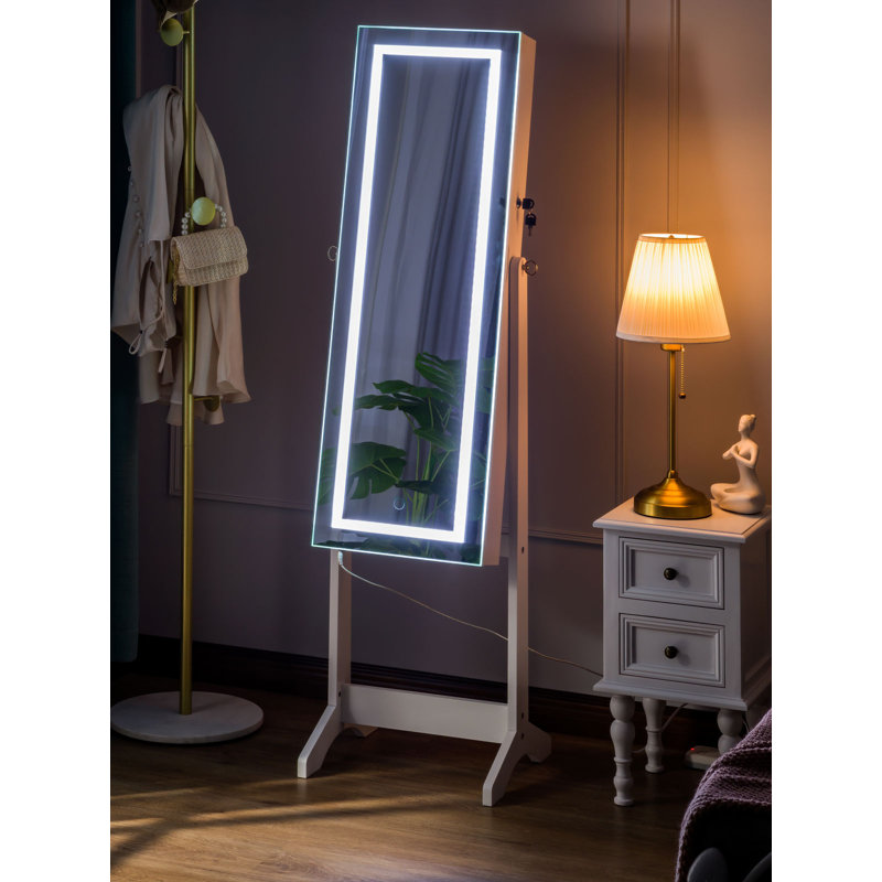 LUXFURNI LED Light Jewelry Cabinet Standing Full Screen Mirror Makeup Lockable Armoire Reviews Wayfair